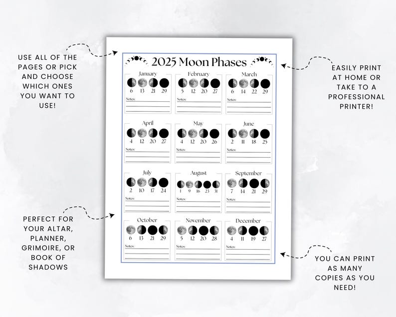 Moon Phase Calendar Printable, Moon Phases Calendar, Lunar Phase ...