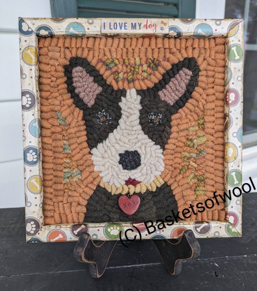Primitive Folk Art Hooked Dog Rug Mat - Framed ~ LOVE MY DOG - Etsy