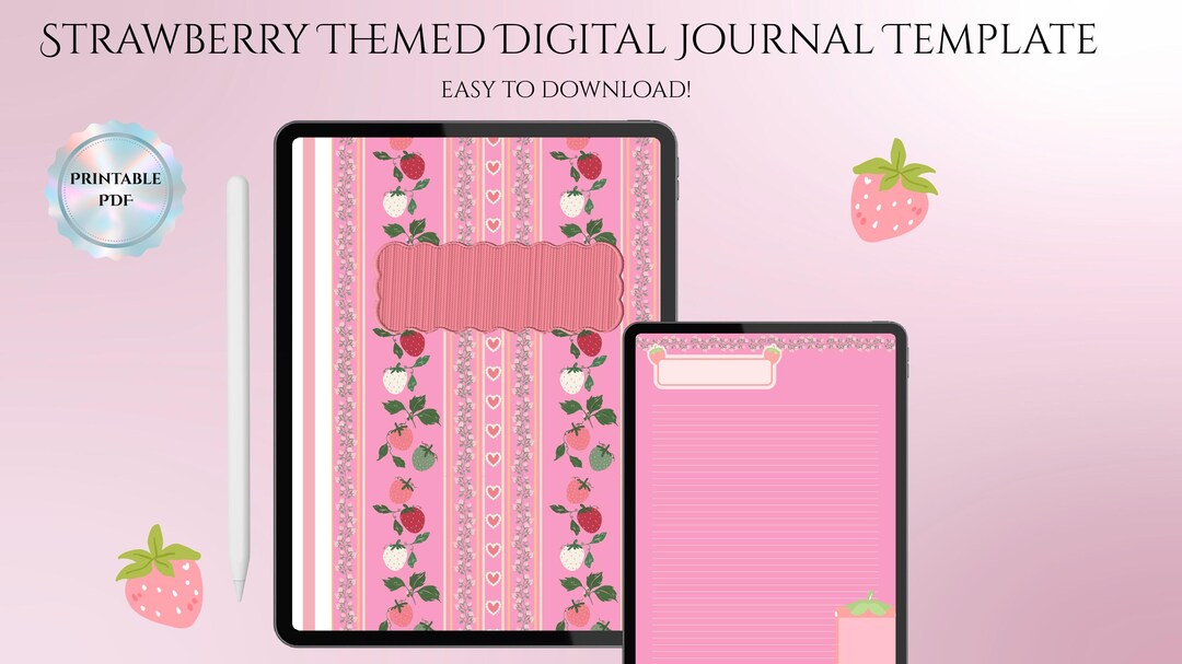 Strawberry Themed Digital Journal Template, Printable PDF, iPad ...