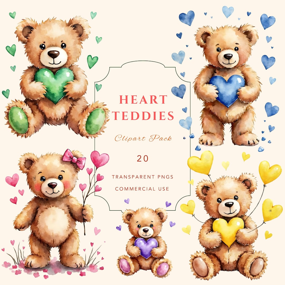 Heart Teddies Clipart Pack, 20 Cute Watercolor Bears With Hearts, Teddy ...