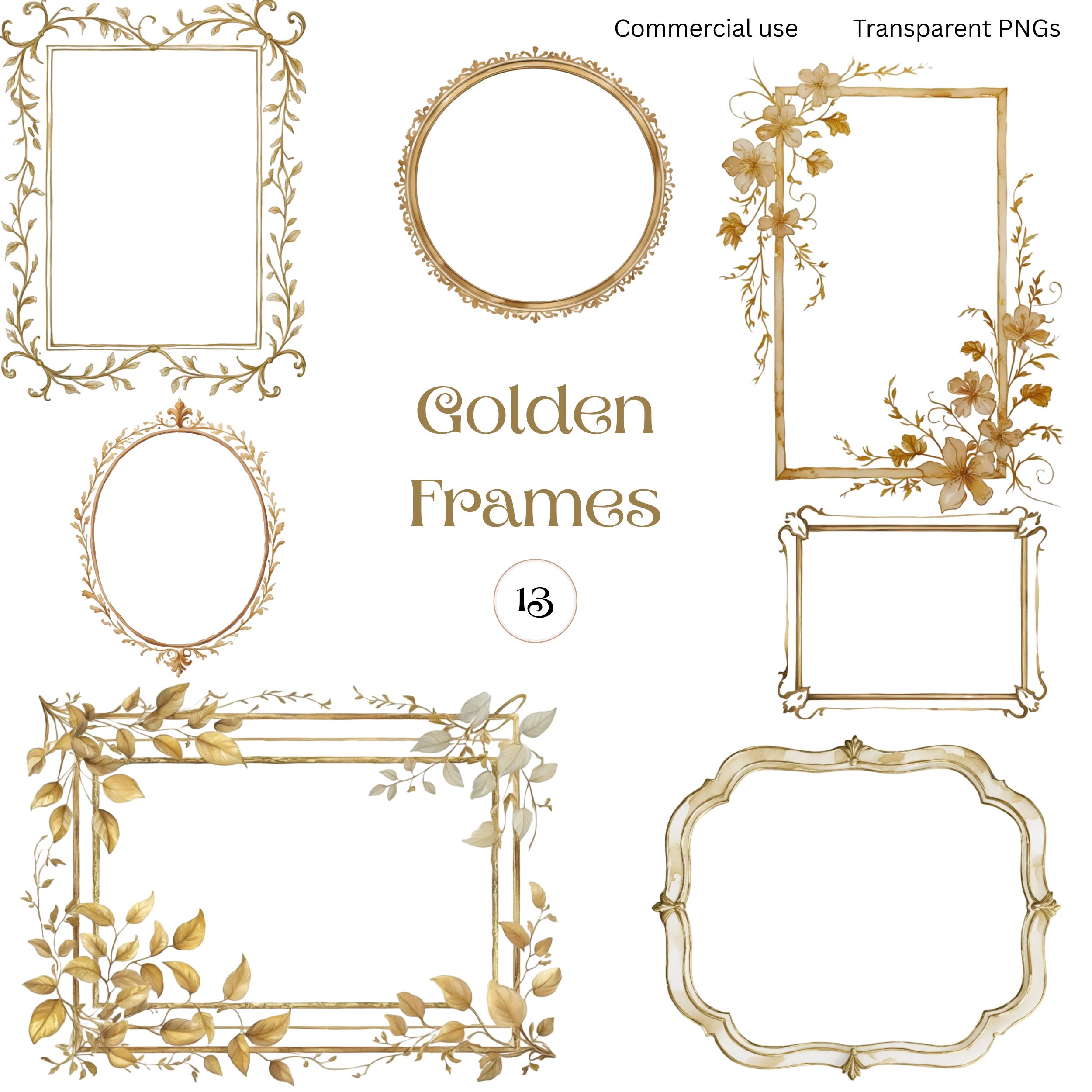 Golden Frames Clip Art, Frame Designs for Cards, PNG Graphics, Digital ...