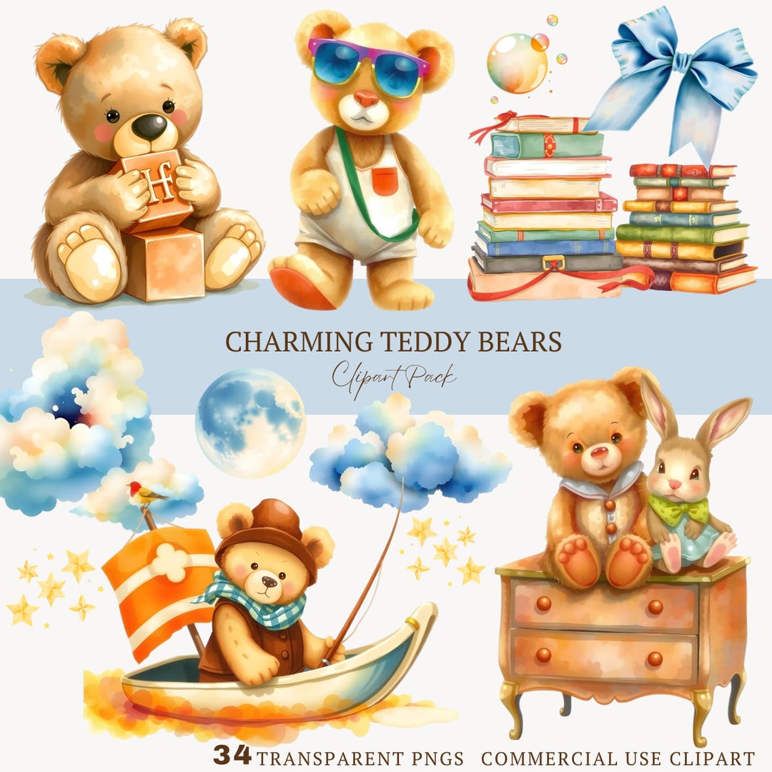 Charming Teddy Bear Clipart, Digital Download, Cards, Cute Bears ...