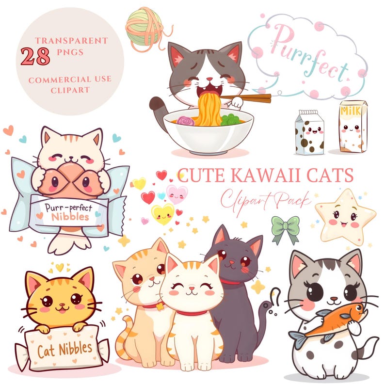 Kawaii Cats Clipart, Digital Download, Cards, Cute Cats Clipart Pack ...