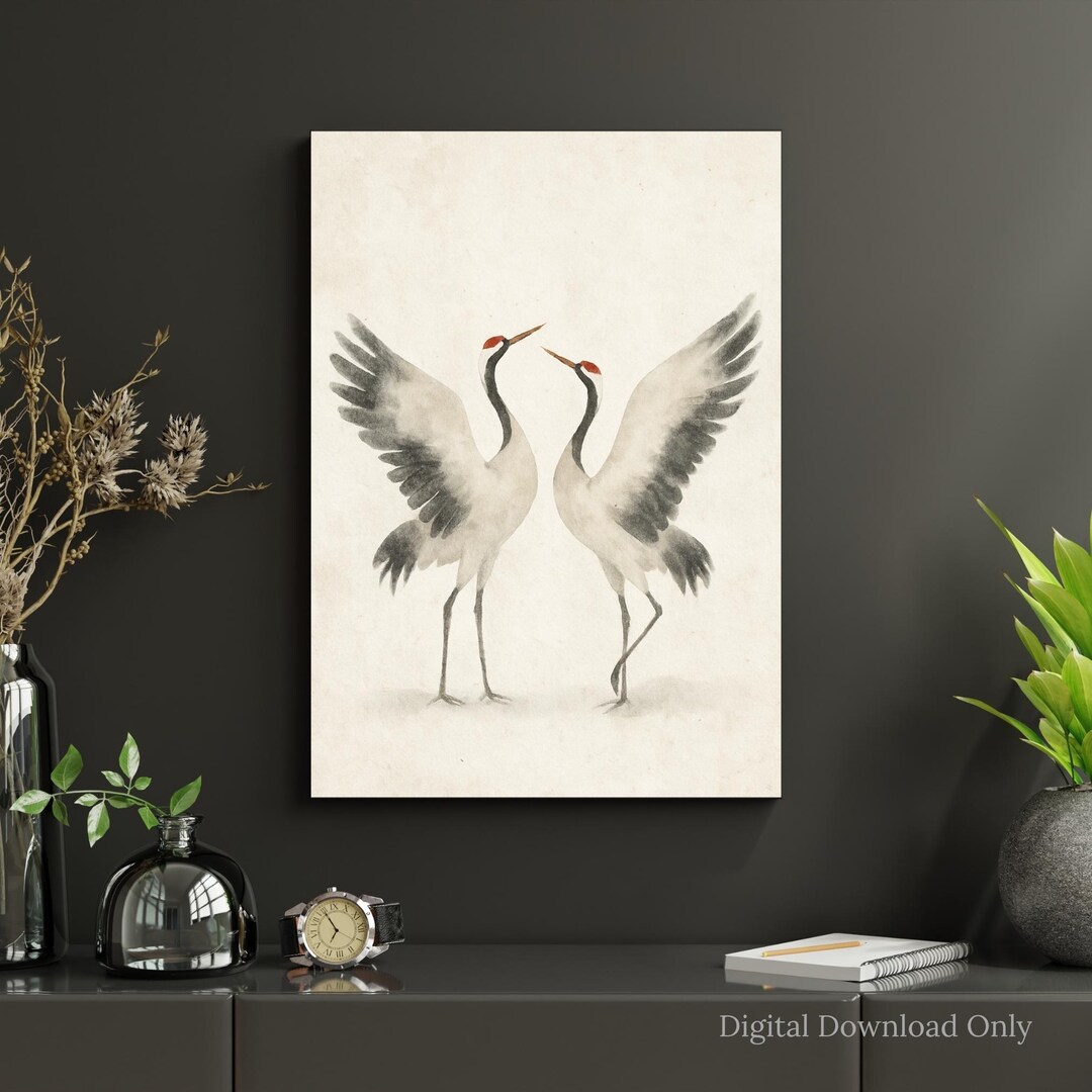 Two Cranes With Open Wings | Japanese Watercolor Minimalist Art | Wabi ...
