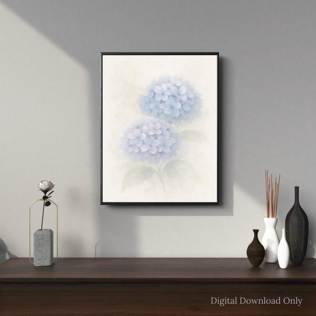 Paired Hydrangeas | Japanese Watercolor Floral Art | Wabi-sabi ...
