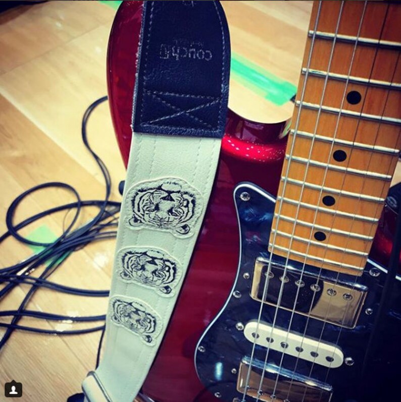 White Tiger Guitar Strap, Hand Sewn Tigers on White Vegan Leather, Made ...