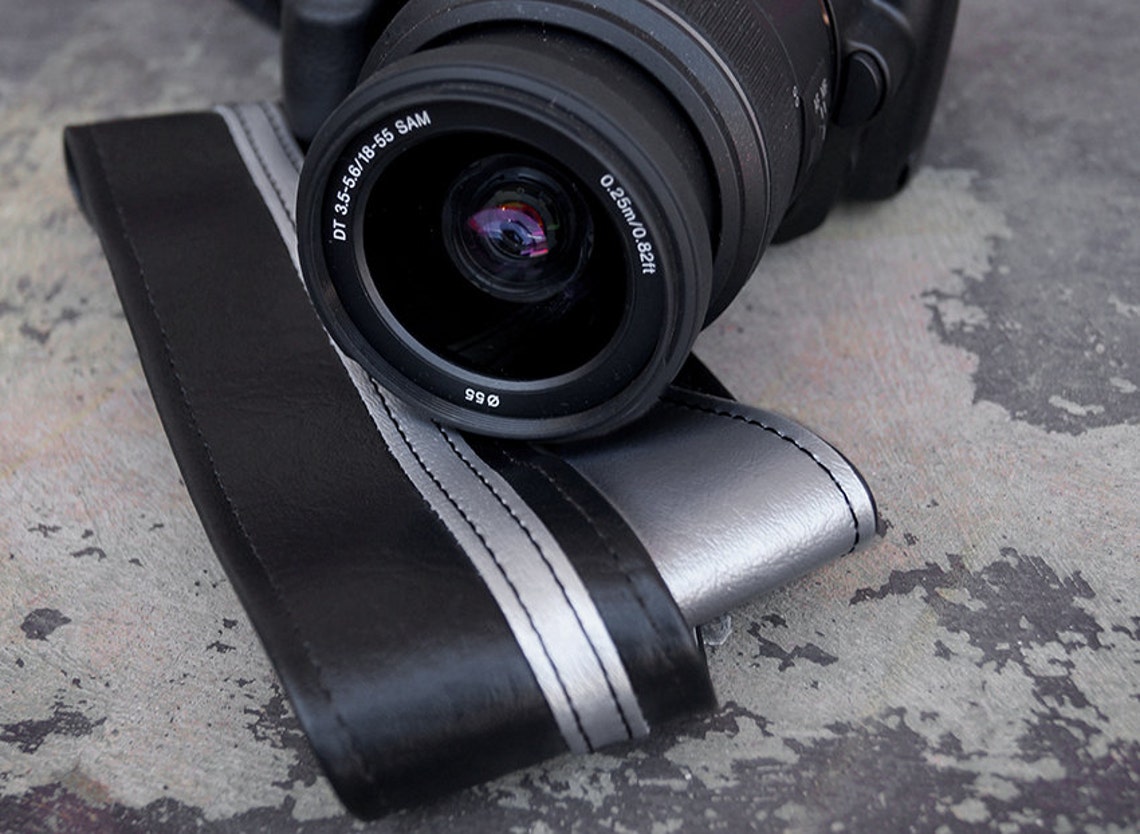 Black and Silver Racing Stripe Camera Strap With Silver Backing, Vegan ...