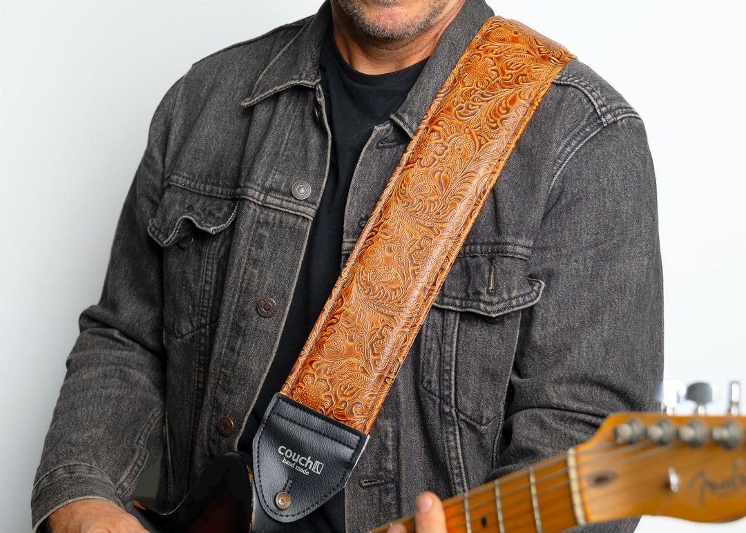 Hand Tooled Western Vegan Leather Guitar Strap, Extra Wide Padded Bass ...