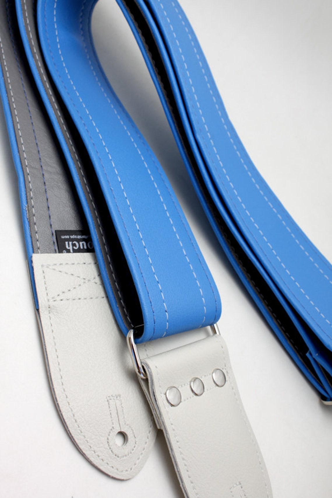 Runway Blue Guitar Strap - Bright Blue Vegan Leather, White Ends, Made ...