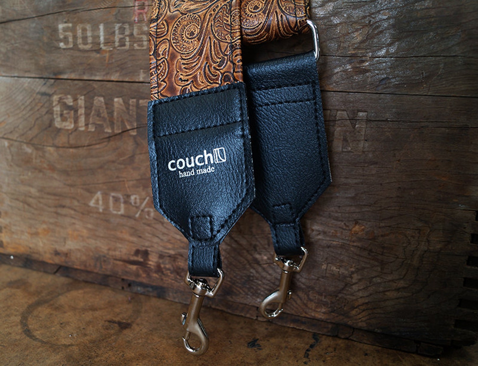 Western Banjo Strap - Made of Light Brown Embossed Hand Tooled Vegan ...
