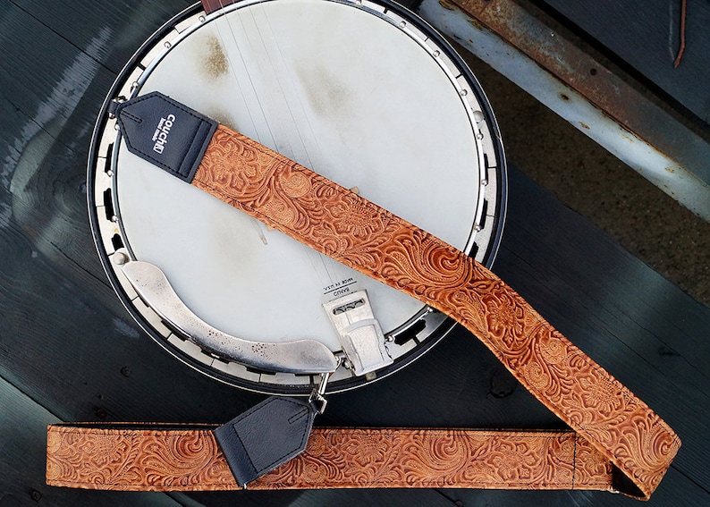 Western Banjo Strap Made of Light Brown Embossed Hand Tooled - Etsy