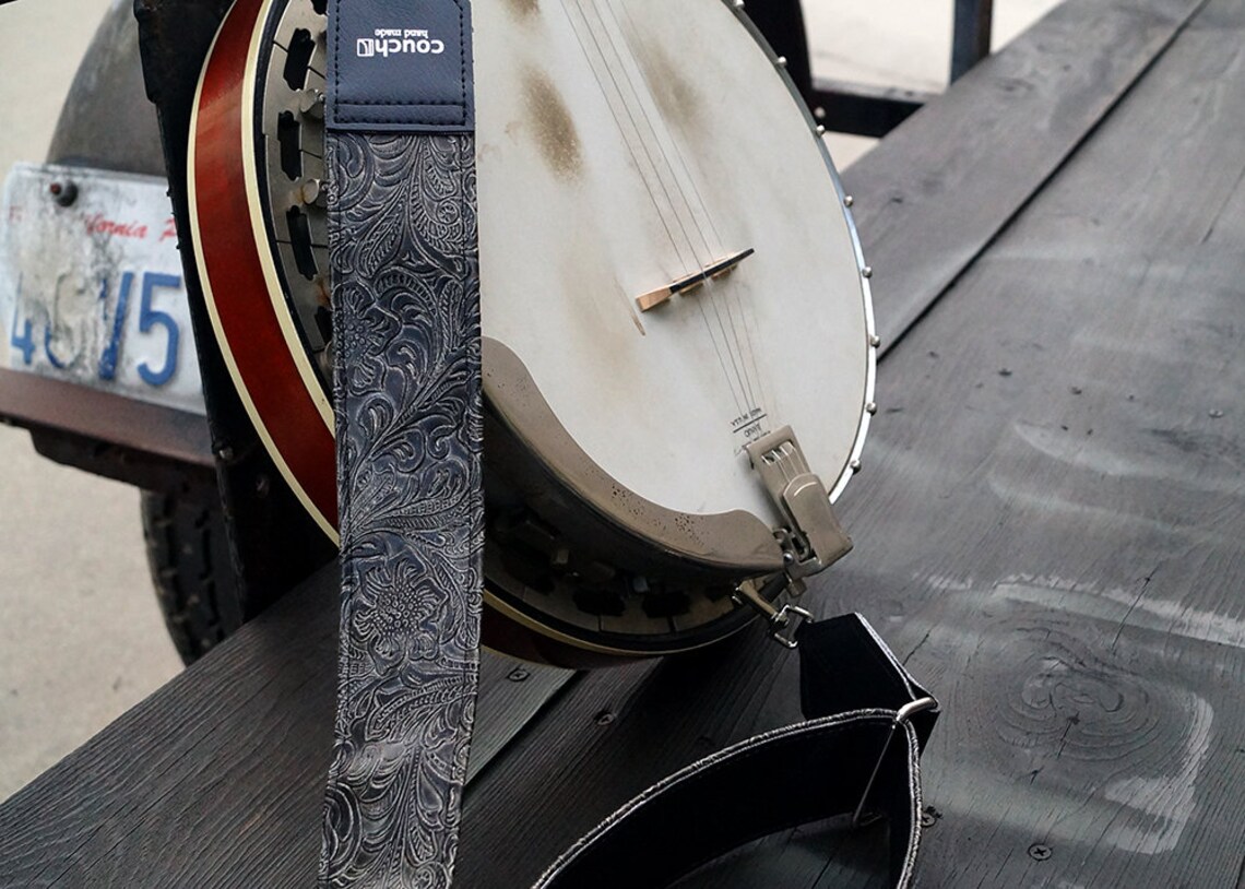 Graphite Western Banjo Strap Made of Tanned Black Hand Tooled - Etsy