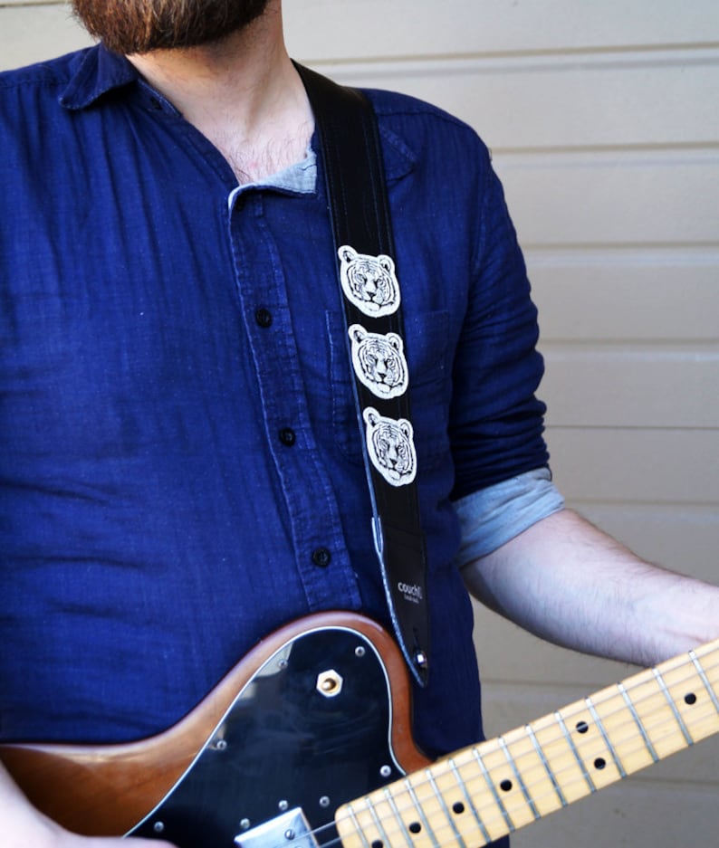Black Tiger Handmade Guitar Strap- Hand Sewn Tigers on Vegan Leather ...