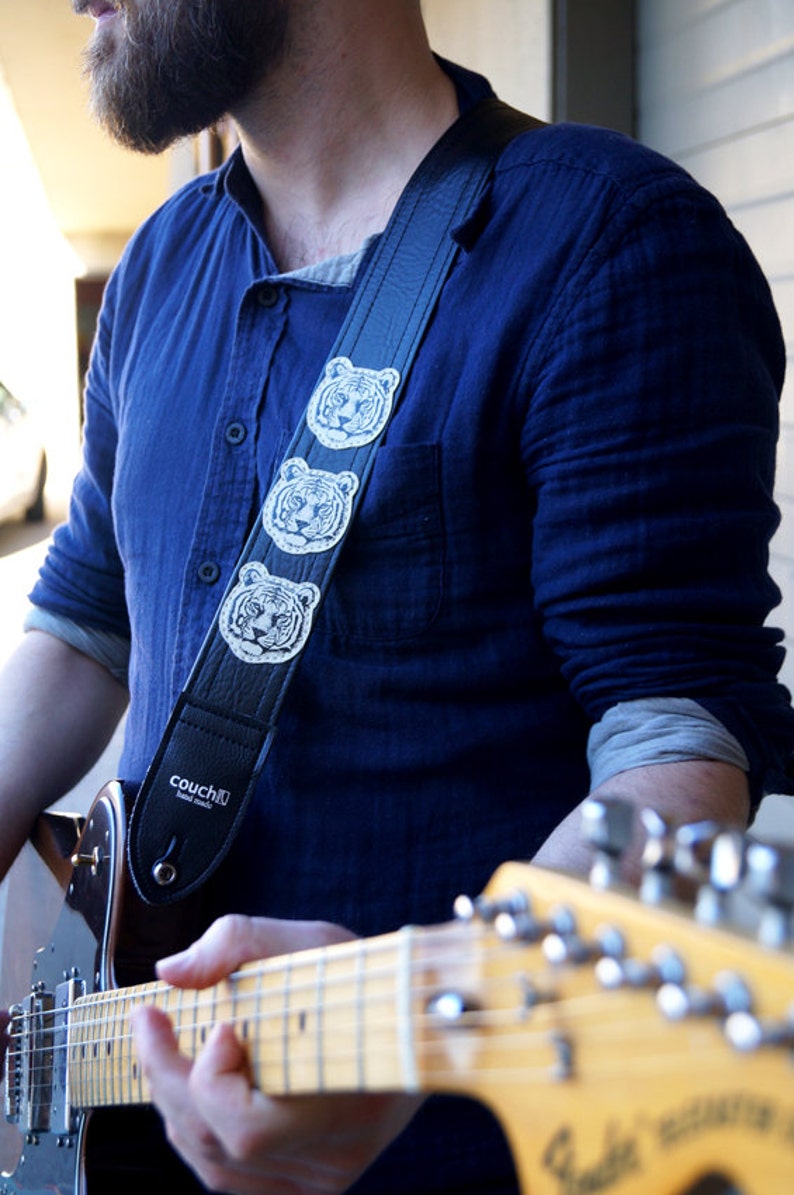 Black Tiger Handmade Guitar Strap- Hand Sewn Tigers on Vegan Leather ...