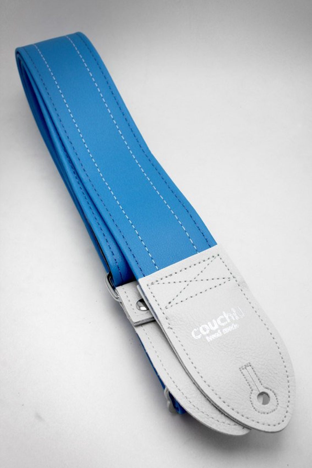 Runway Blue Guitar Strap - Bright Blue Vegan Leather, White Ends, Made ...