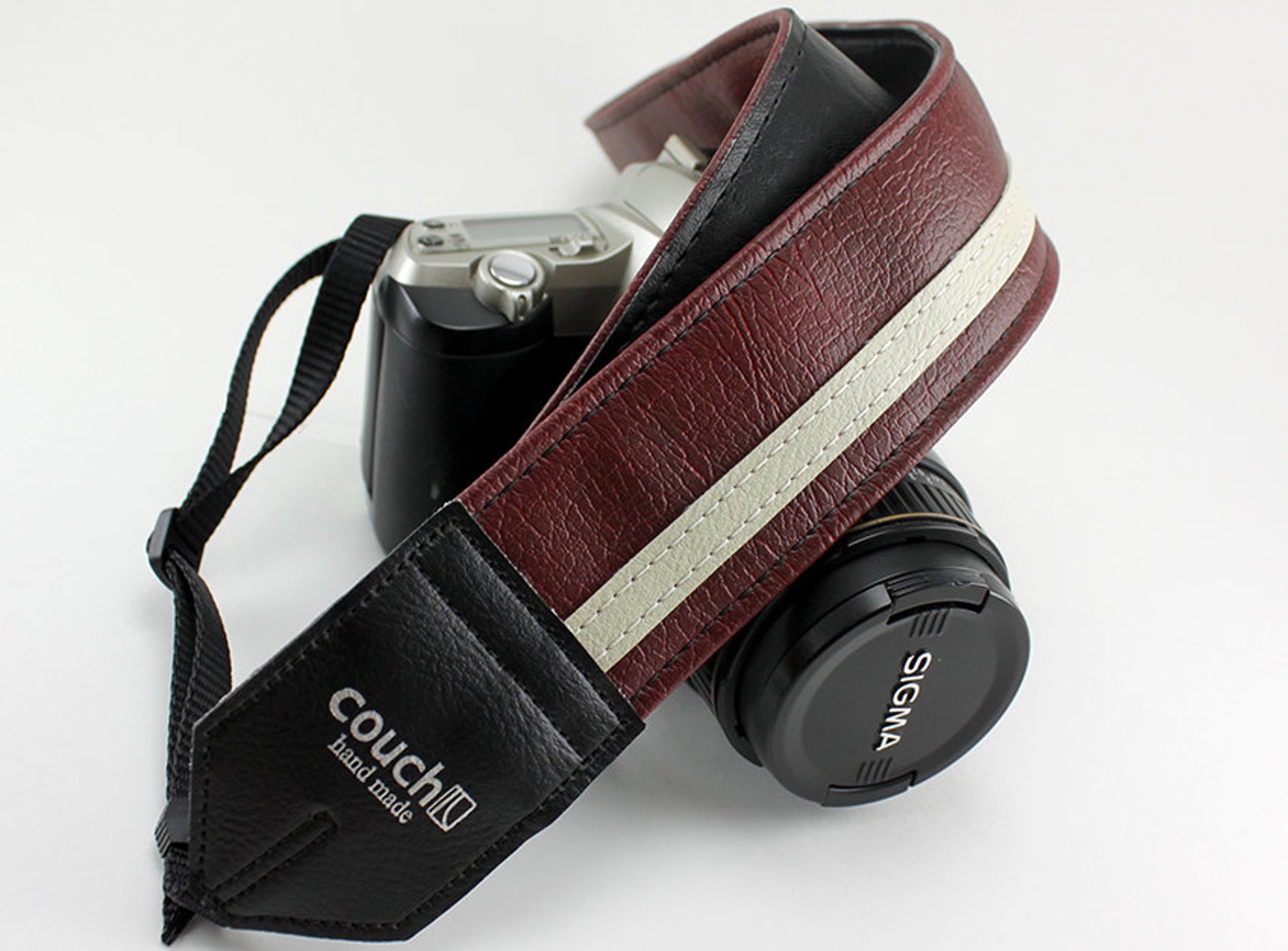 Dark Red Racing Stripe Camera Strap, Vinyl, Vegan, Oxblood Maroon ...