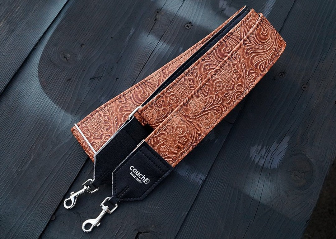 Western Banjo Strap - Made of Light Brown Embossed Hand Tooled Vegan ...