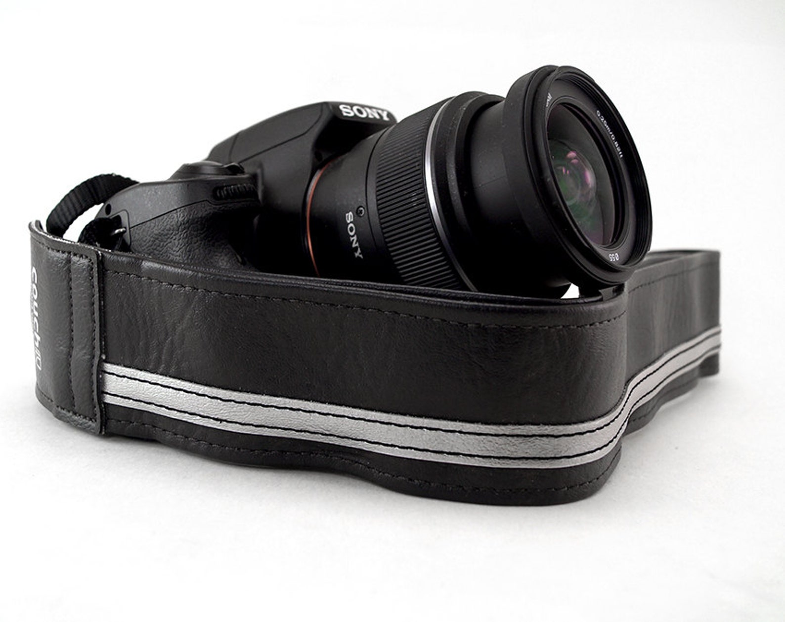 Black and Silver Racing Stripe Camera Strap With Silver Backing, Vegan ...