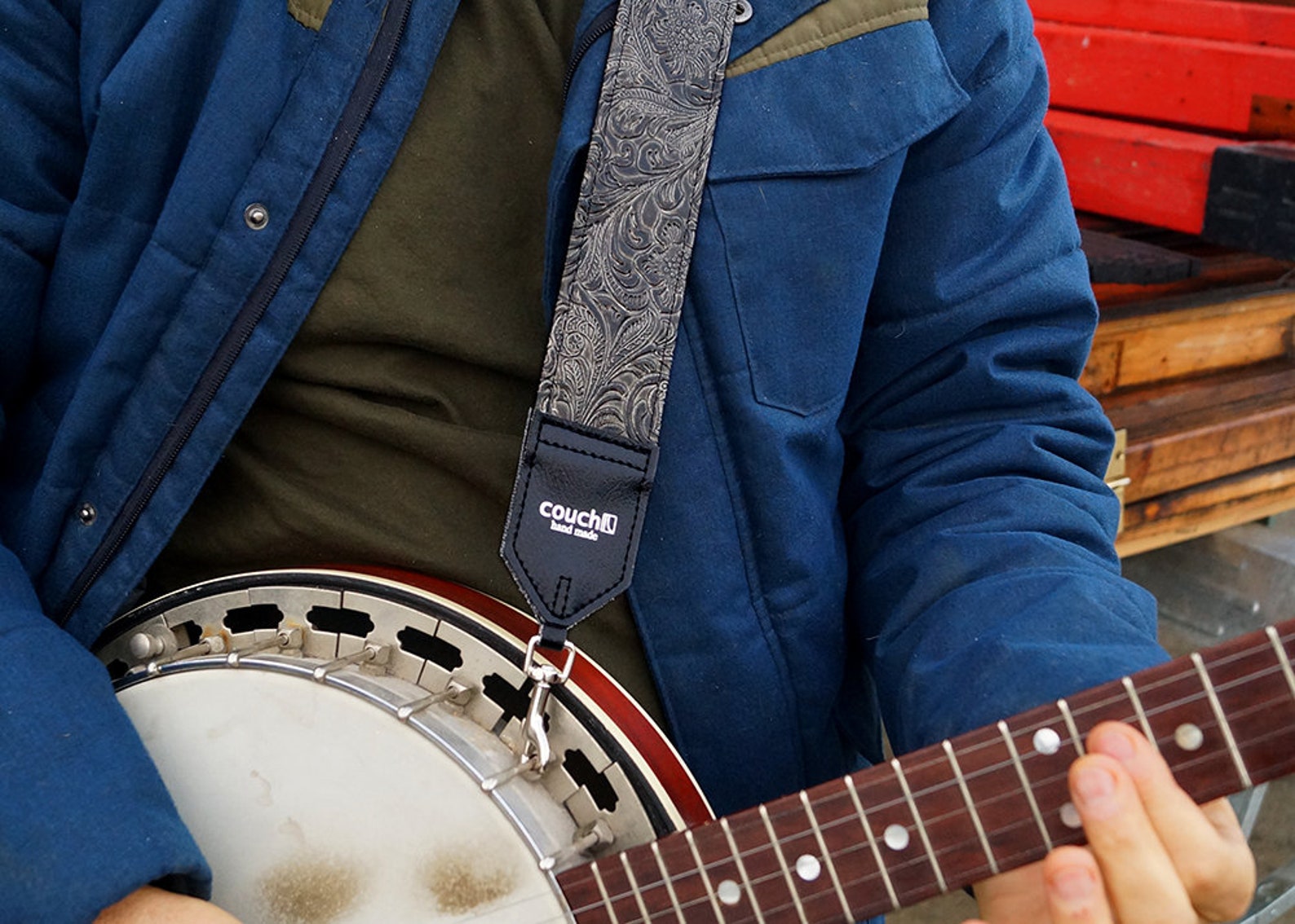 Graphite Western Banjo Strap Made of Tanned Black Hand Tooled - Etsy