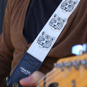 White Tiger Guitar Strap, Hand Sewn Tigers on White Vegan Leather, Made ...