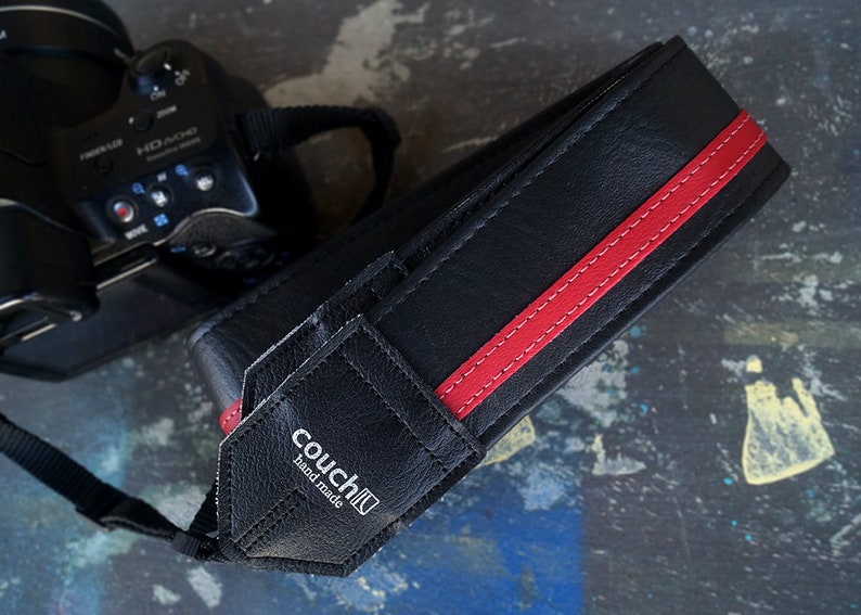 Black and Red Racing Stripe Camera Strap - Vegan Made Upcycled Guitar ...