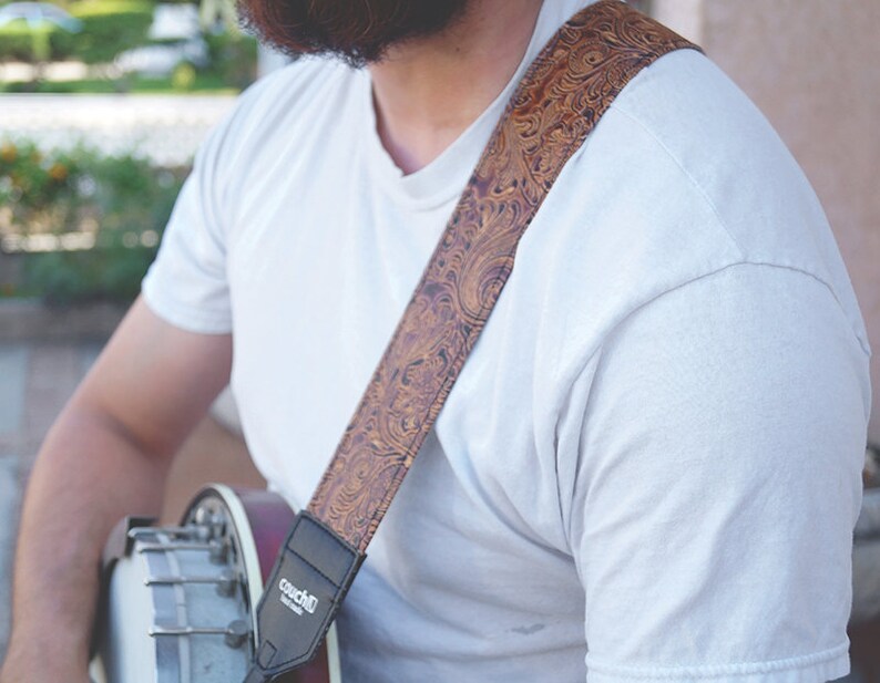 Western Banjo Strap - Made of Light Brown Embossed Hand Tooled Vegan ...