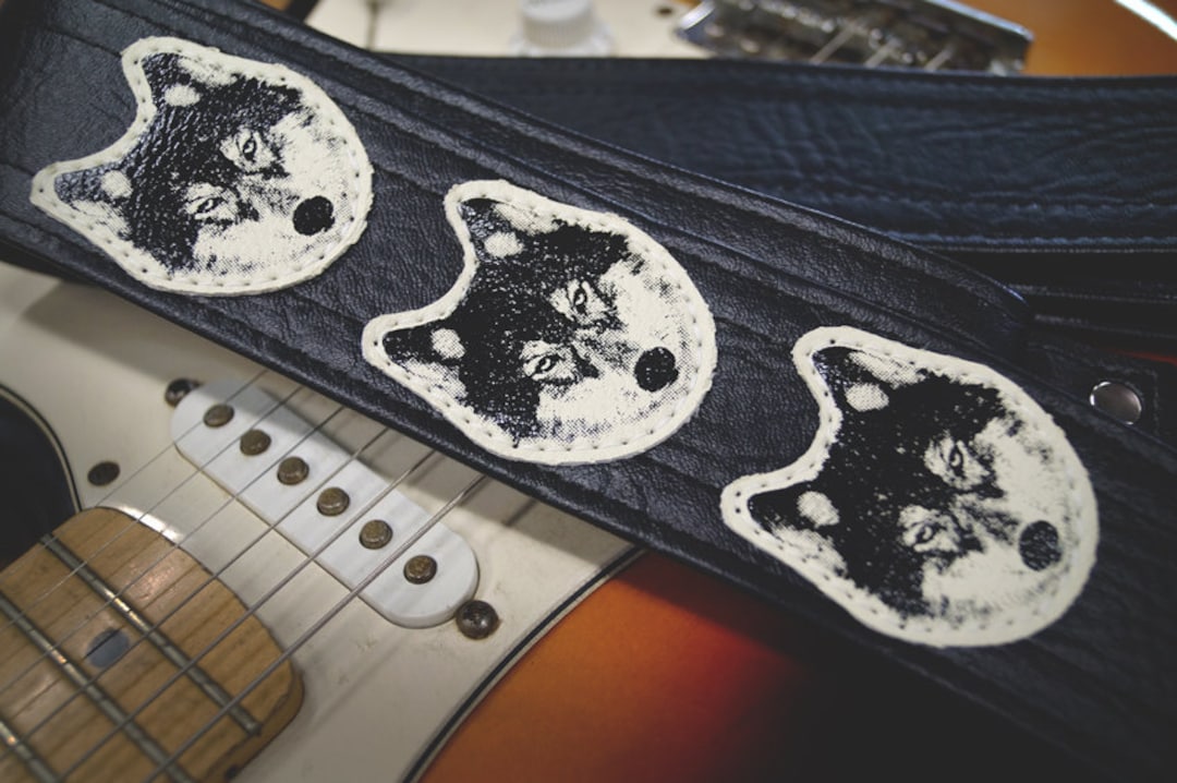 Wolf Guitar Strap, Heavy Duty Handmade Vegan Leather, Hand Sewn Wolves ...