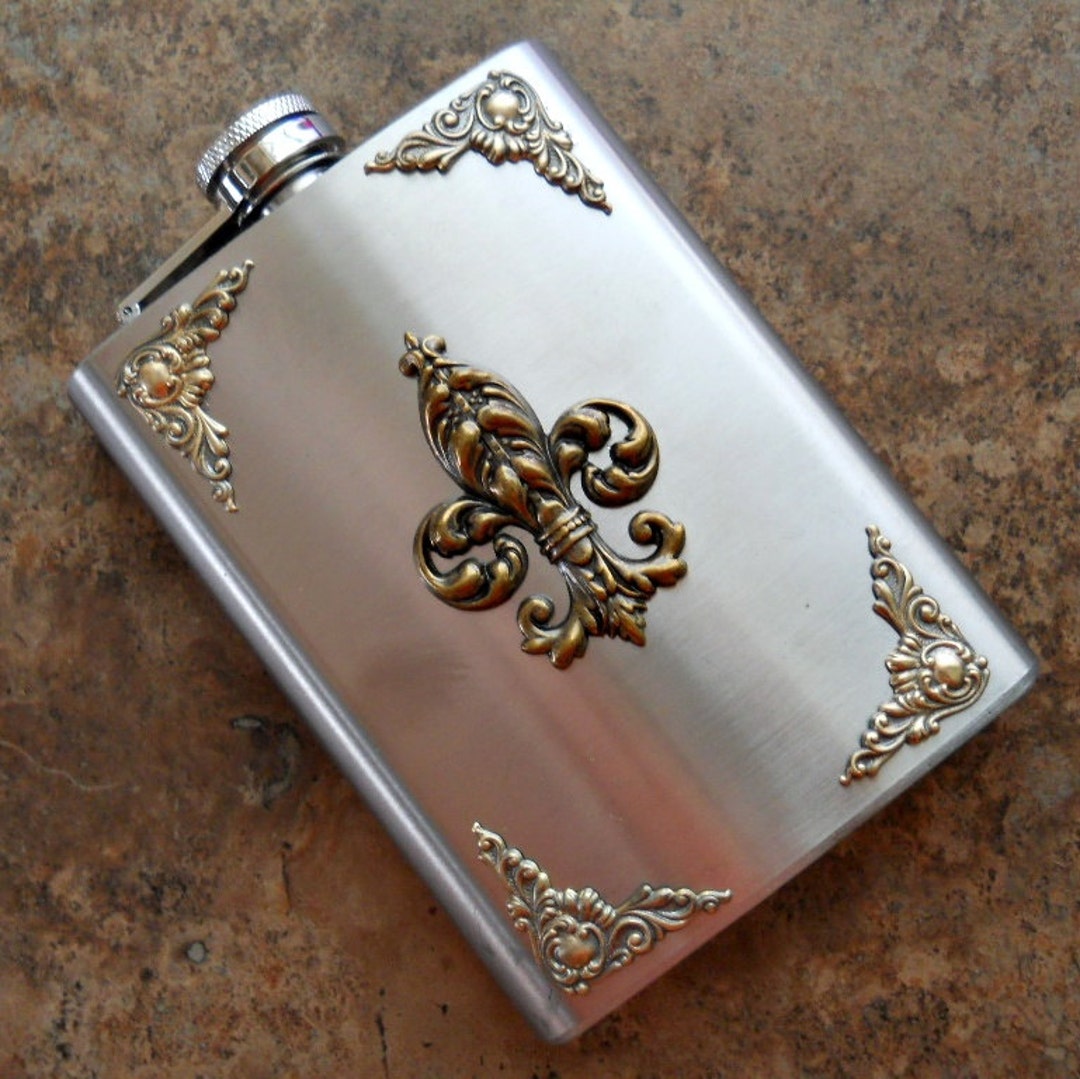 Fancy Flask, Brass Fleur De Lis on 8 Oz Stainless Steel Flask ...