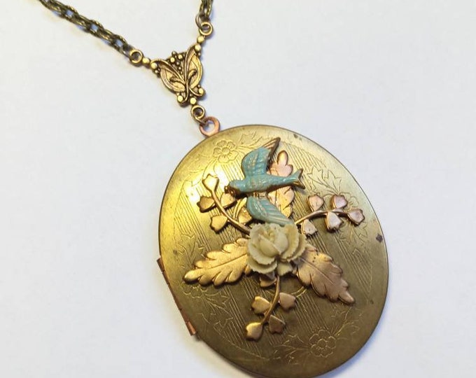 Vintage Oval Brass Locket With Floral Details and Blue Bird - Etsy