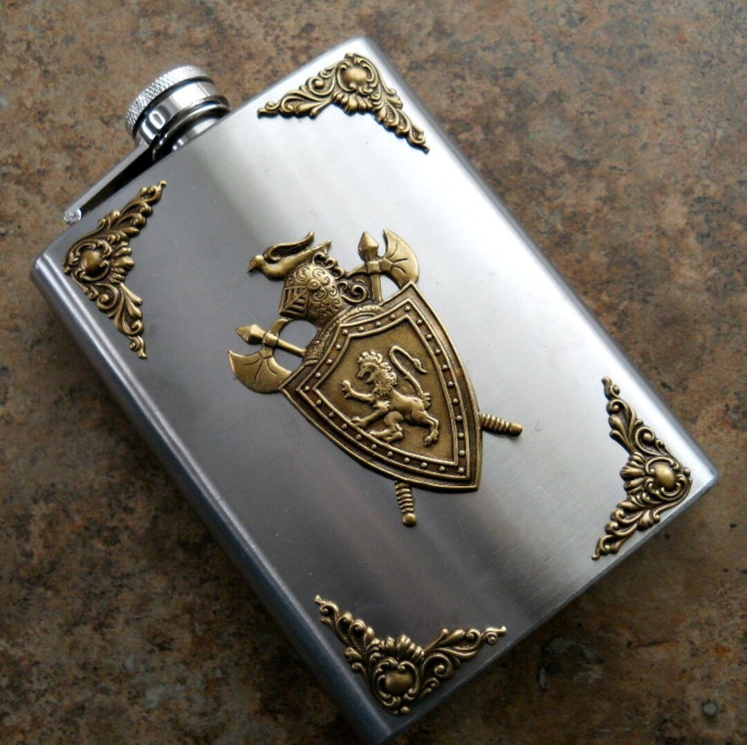Fancy Flask, Brass Medievel Crest on 8 Oz Stainless Steel Flask, Game ...