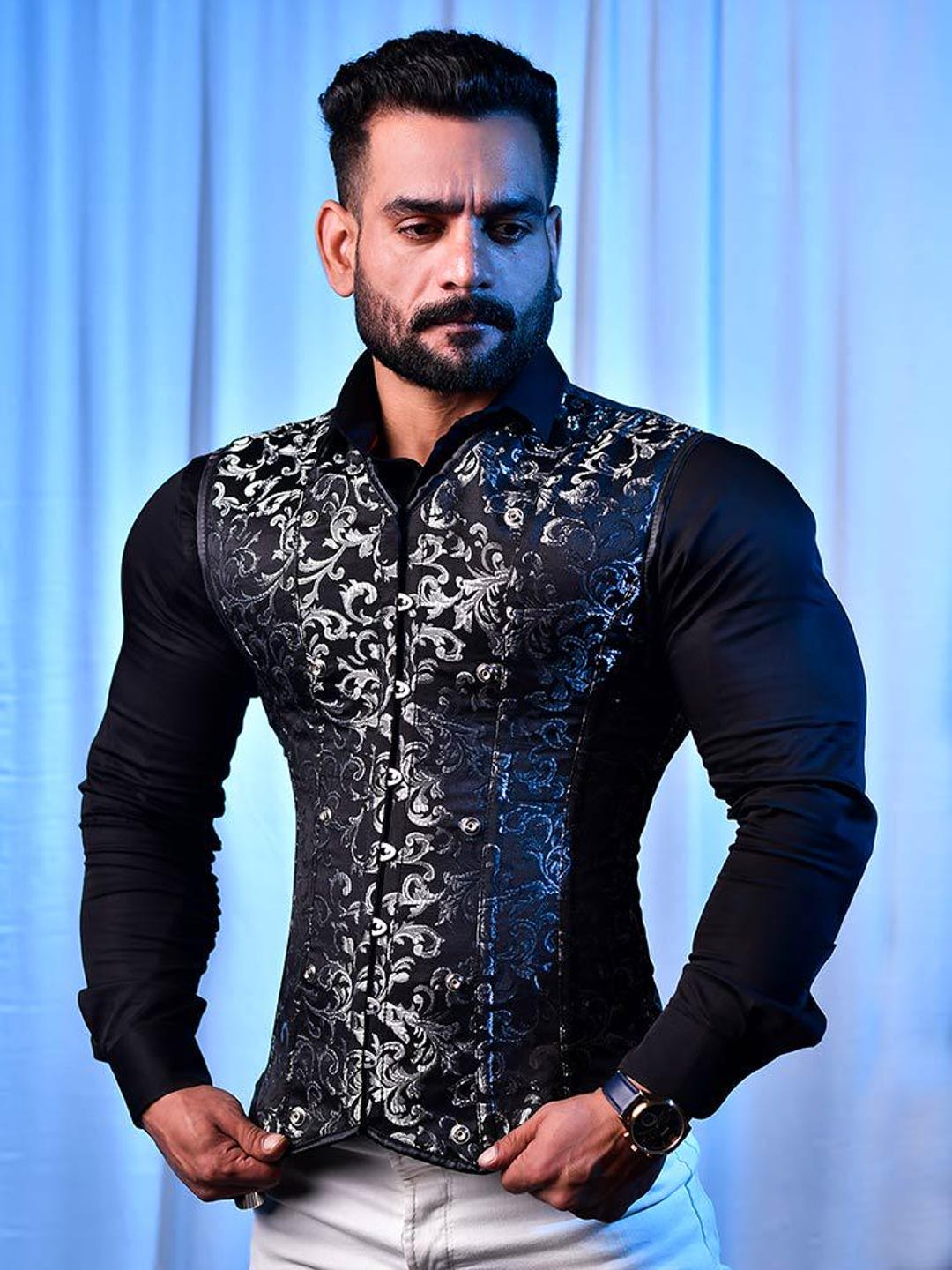 Silver and Black Male Corset Vest-brocade Corset, Steel Boned Corset ...