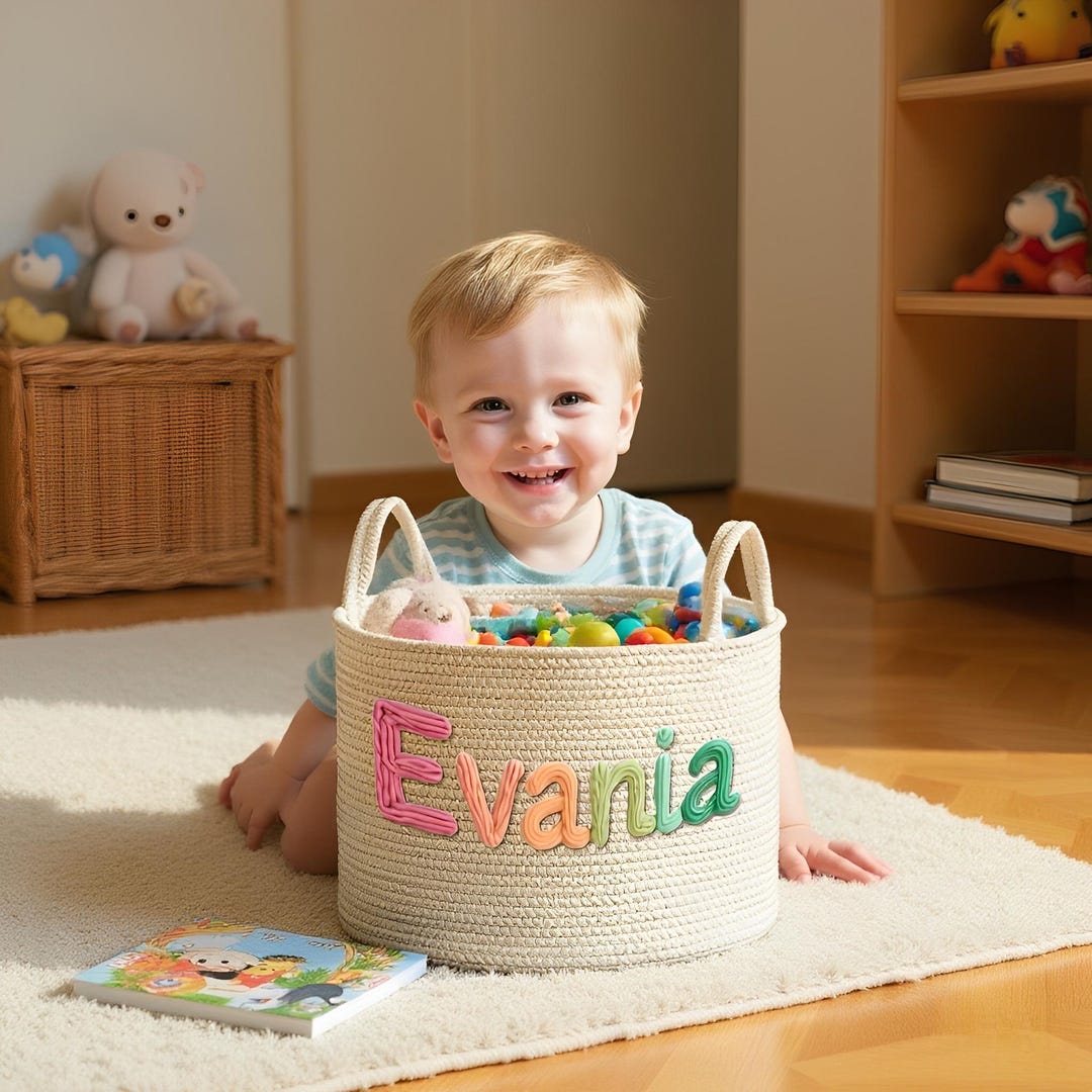 Personalized Toy Storage Basket – Custom Name Rope Bin for Nursery ...