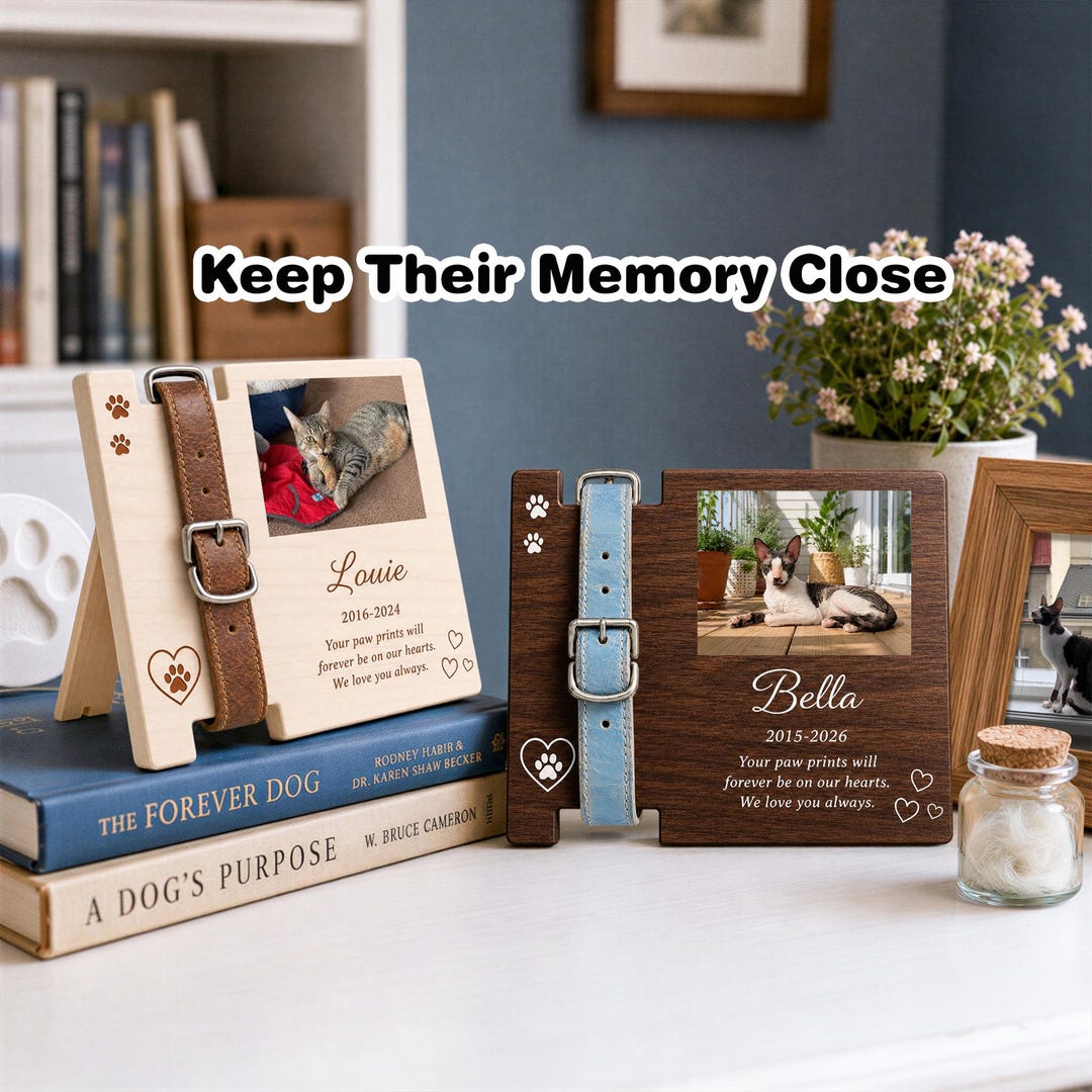 Cat Memorial Frame for Collar, Personalized Wooden Pet Photo Frame, Cat ...