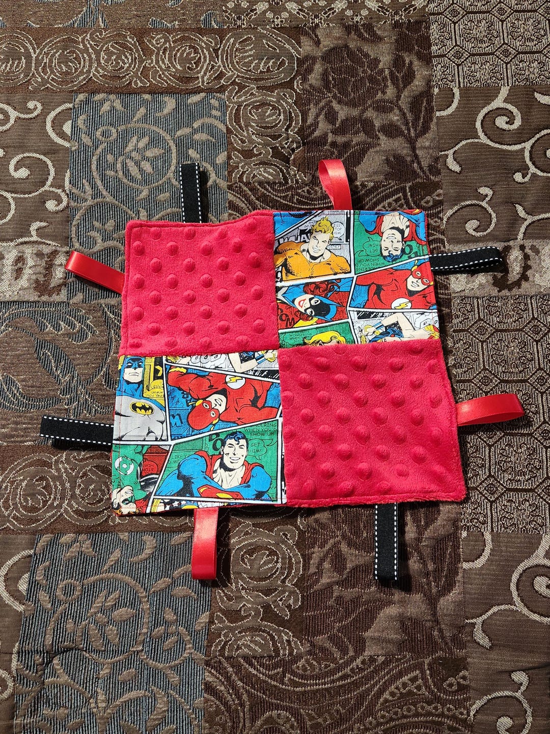 Red and Black Justice League Small Baby Toddler Sensory Blanket Lovey ...