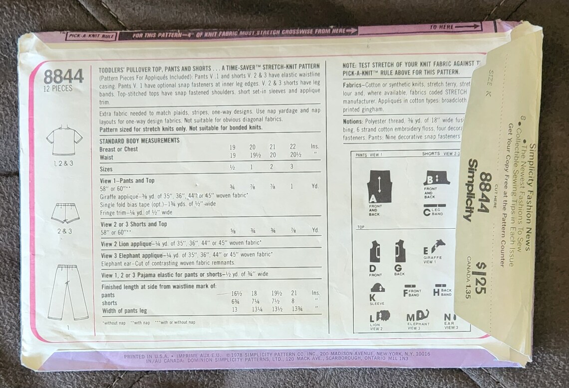 Vintage 1978 Simplicity Sewing Pattern. 8844. Toddlers' Pullover Top ...