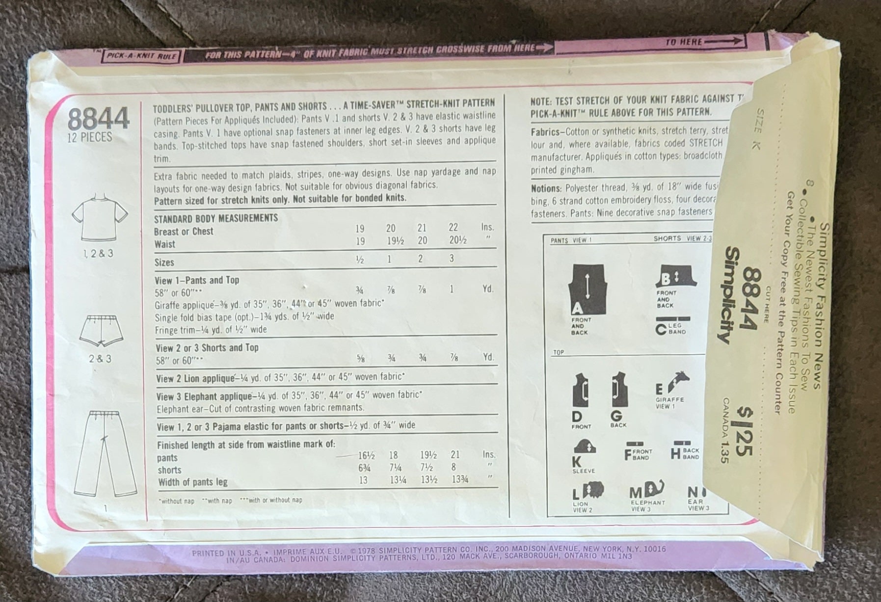 Vintage 1978 Simplicity Sewing Pattern. 8844. Toddlers' Pullover Top ...
