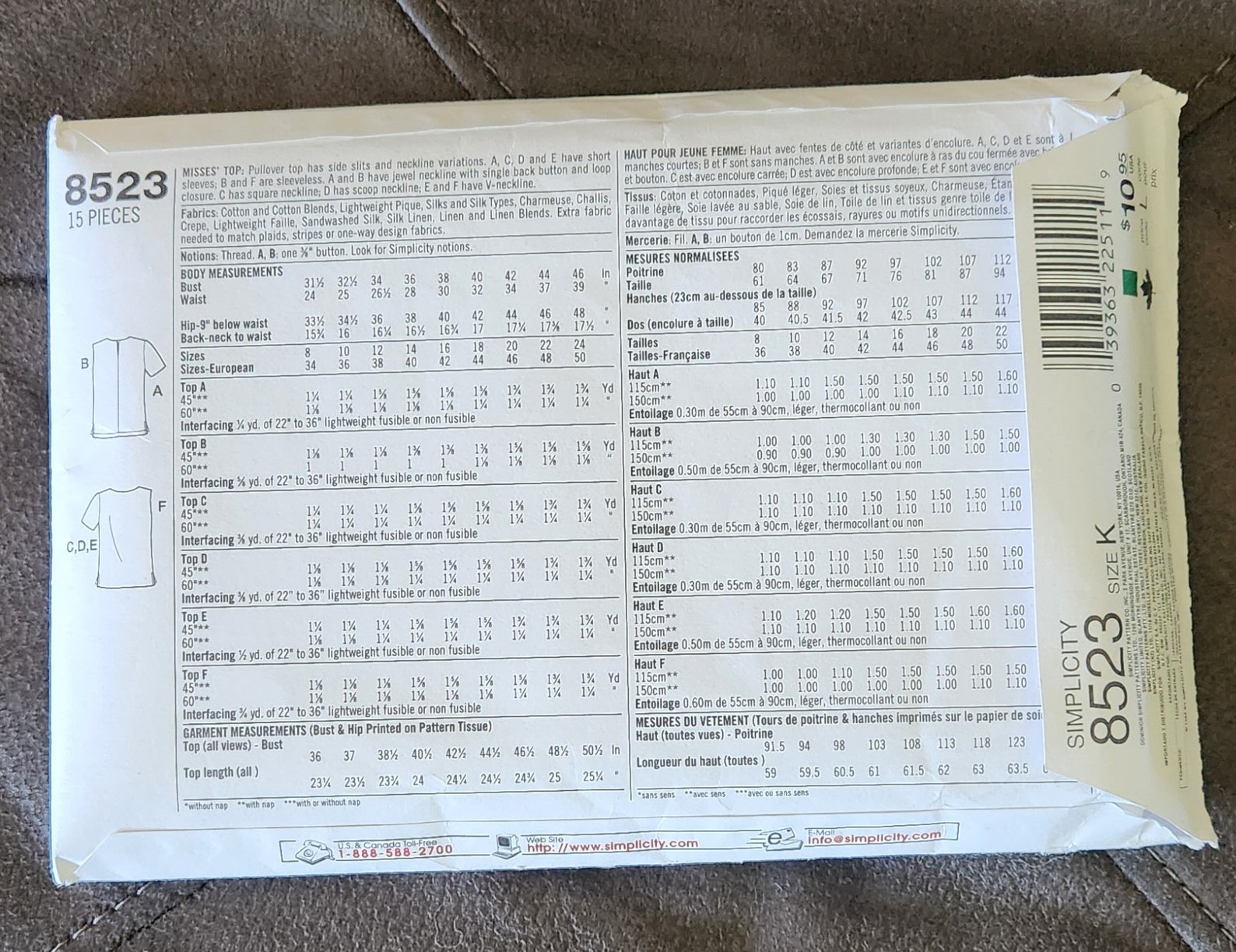 Vintage 1998 Simplicity Sewing Pattern 8523 for Misses' Set of Tops ...