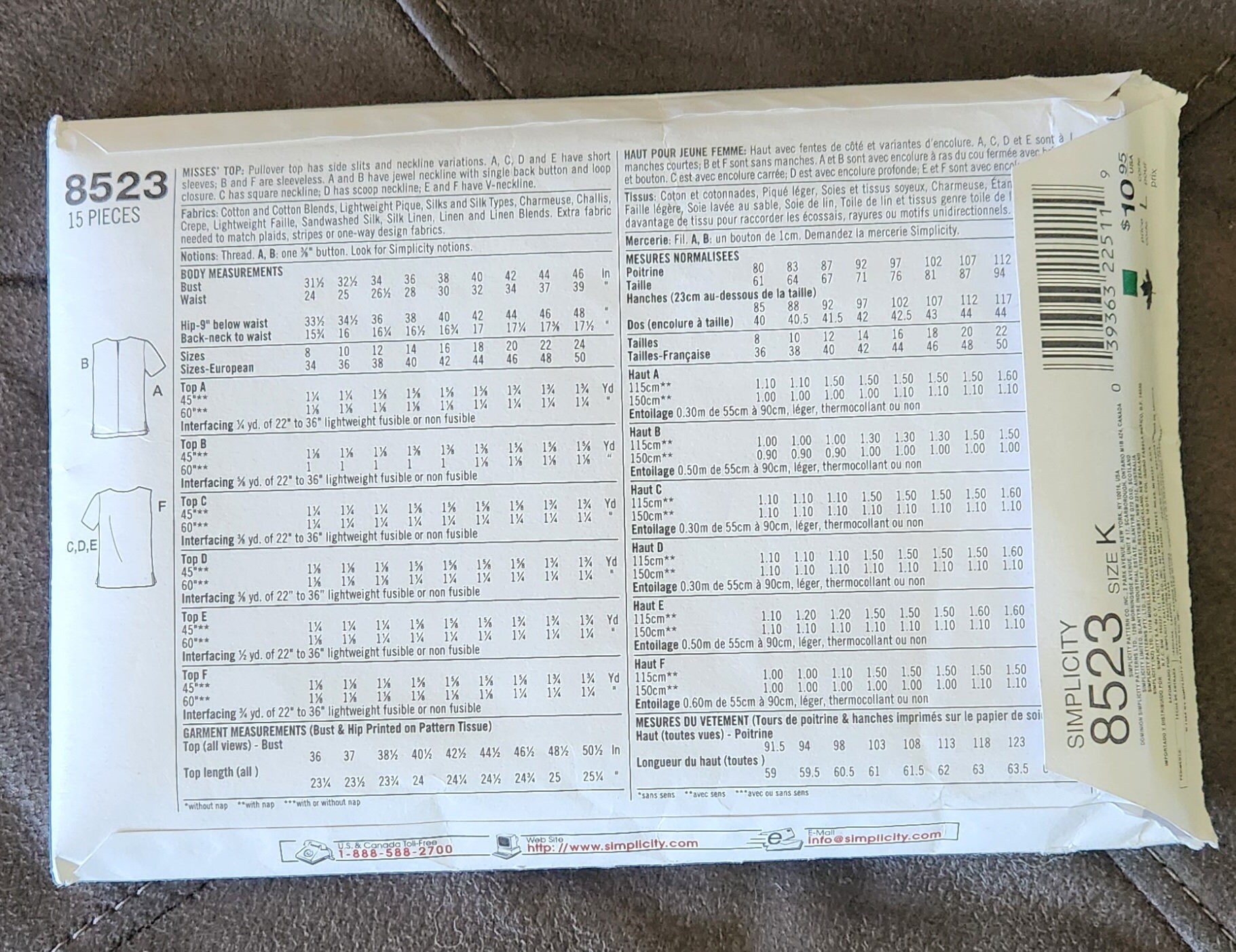 Vintage 1998 Simplicity Sewing Pattern 8523 for Misses' Set of Tops ...