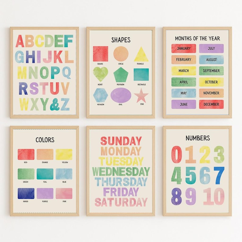 Colorful Educational Wall Art Bundle | Alphabet, Numbers, Shapes ...