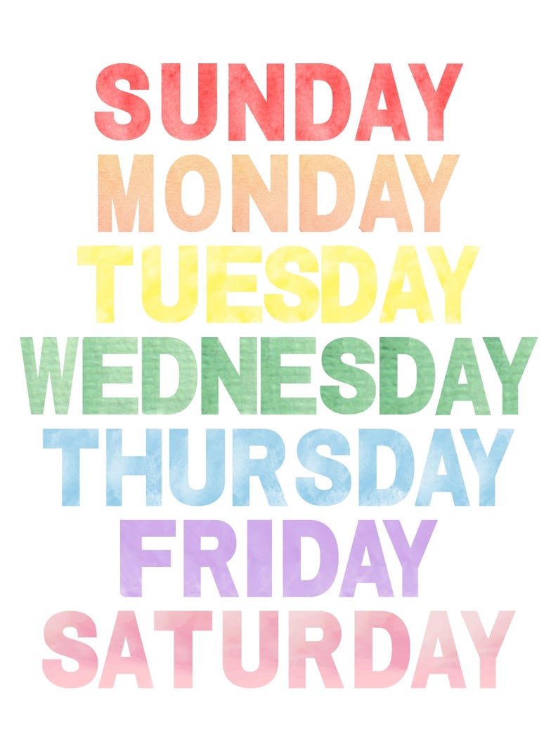 Rainbow Days of the Week Wall Art Digital Download| Colorful Printable ...