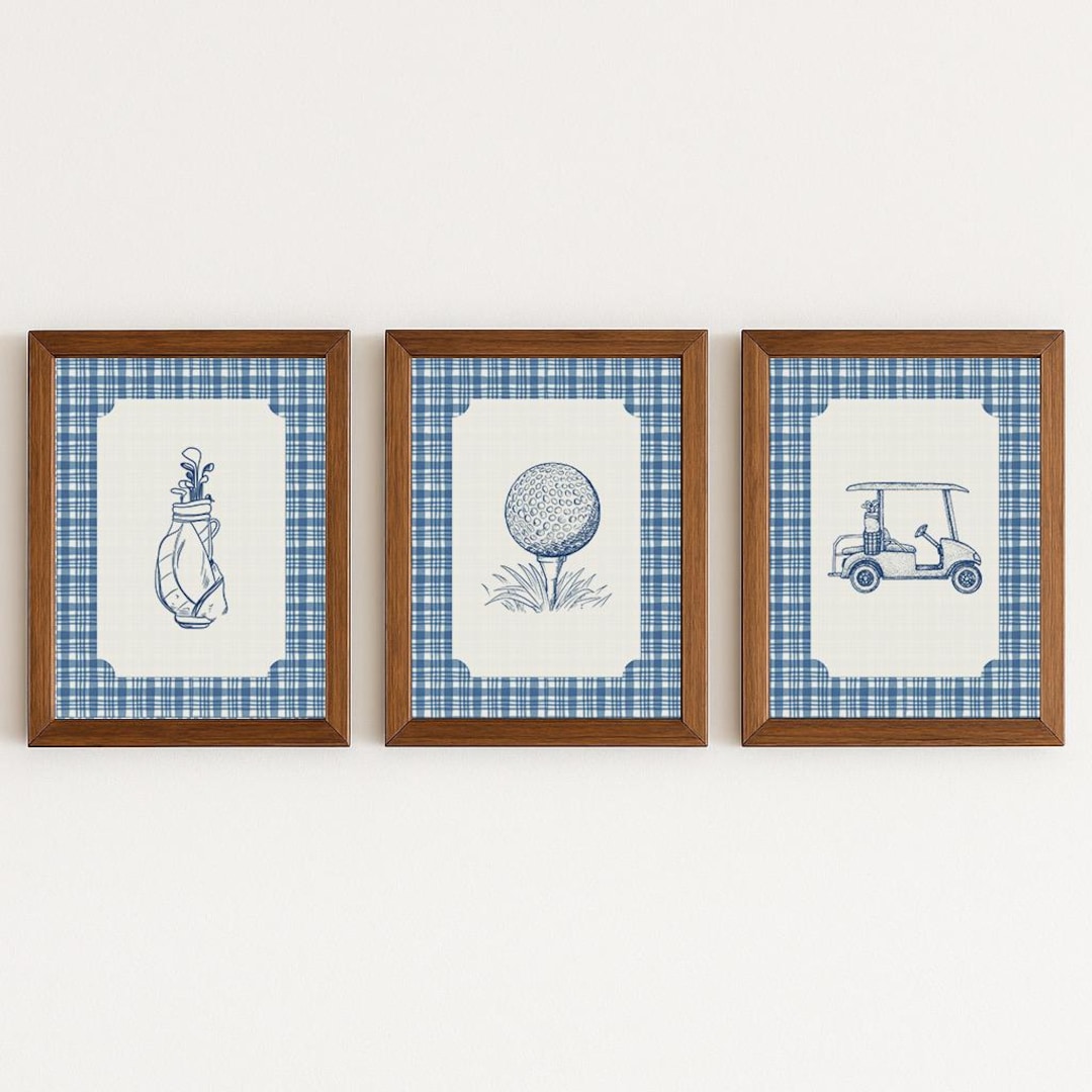 Preppy Golf Wall Art Set | Blue Plaid Golf Nursery Prints | Golf Bag ...