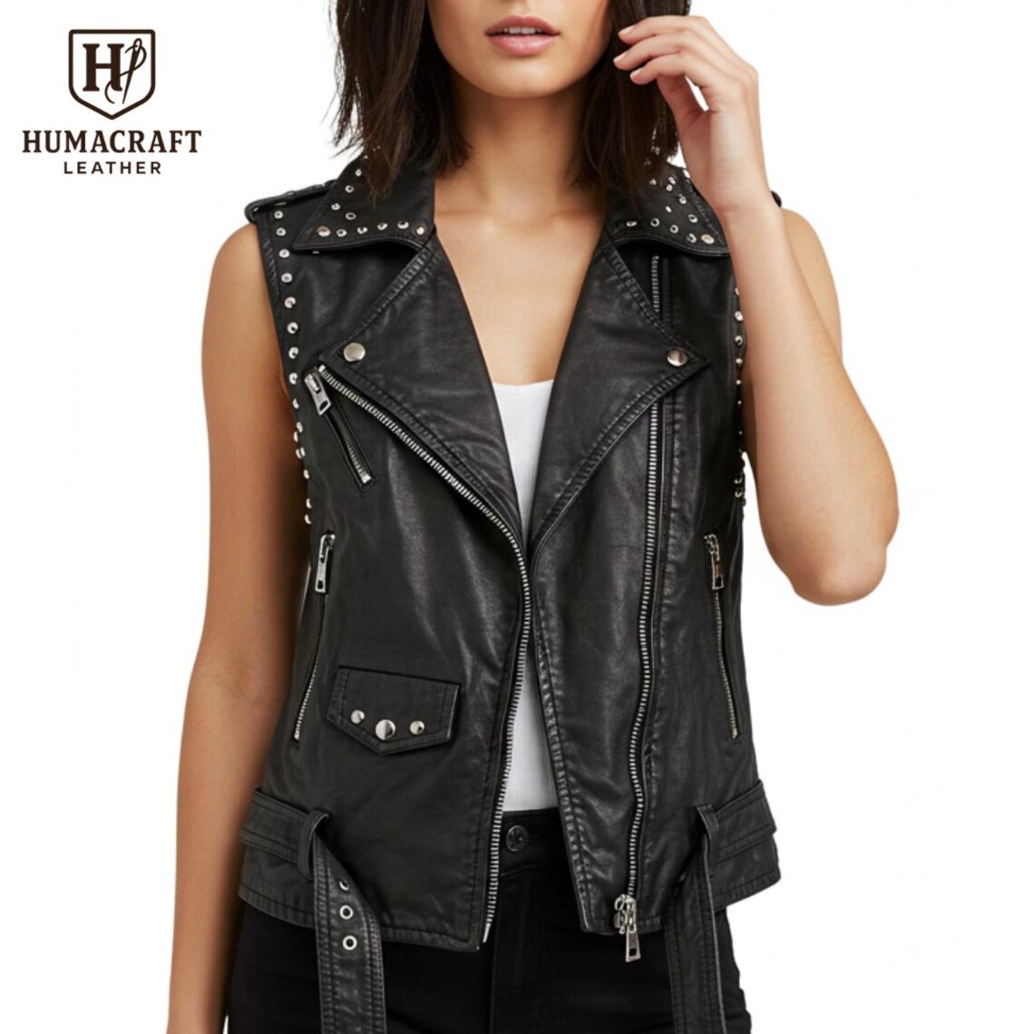 Luxury Studded Black Leather Biker Vest – Women's Premium Rocker Jacket ...