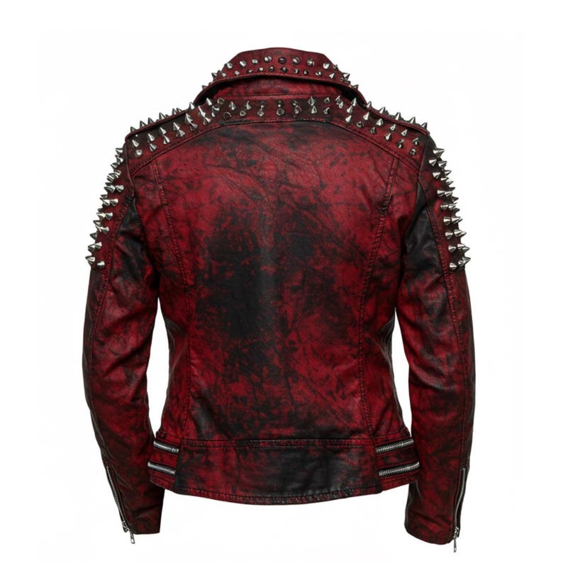 Red Studded Leather Biker Jacket – Punk Rock Moto Jacket for Women ...