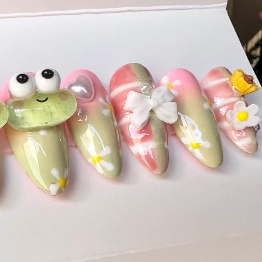 Strawberry Matcha Keroppi Almond Shaped Press on Nails - Etsy