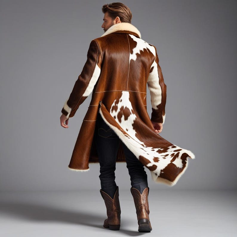 Handmade Men Hair-on Cowhide Leather Trench Coat – Brown & White ...