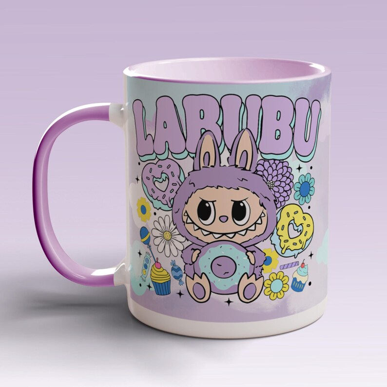 Labubu Mug 11oz Printed Coffee Cup Purple Pink Handle & Inner Kawaii ...