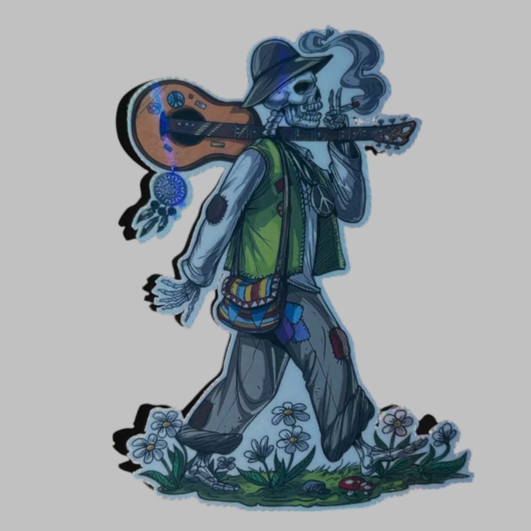 Hippie Skeleton Sticker, Trippy 420 Vinyl Decal With Guitar, Peace ...