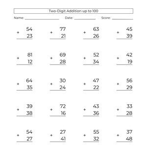 10 Printable Double Digit Addition to 100 Worksheets Two Digit Addition ...