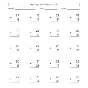10 Printable Addition to 50 Worksheets – 2 Digit Addition Double Digit ...
