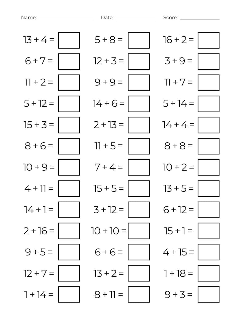 10 Printable Adding to 20 Worksheets - Simple Addition One Digit ...